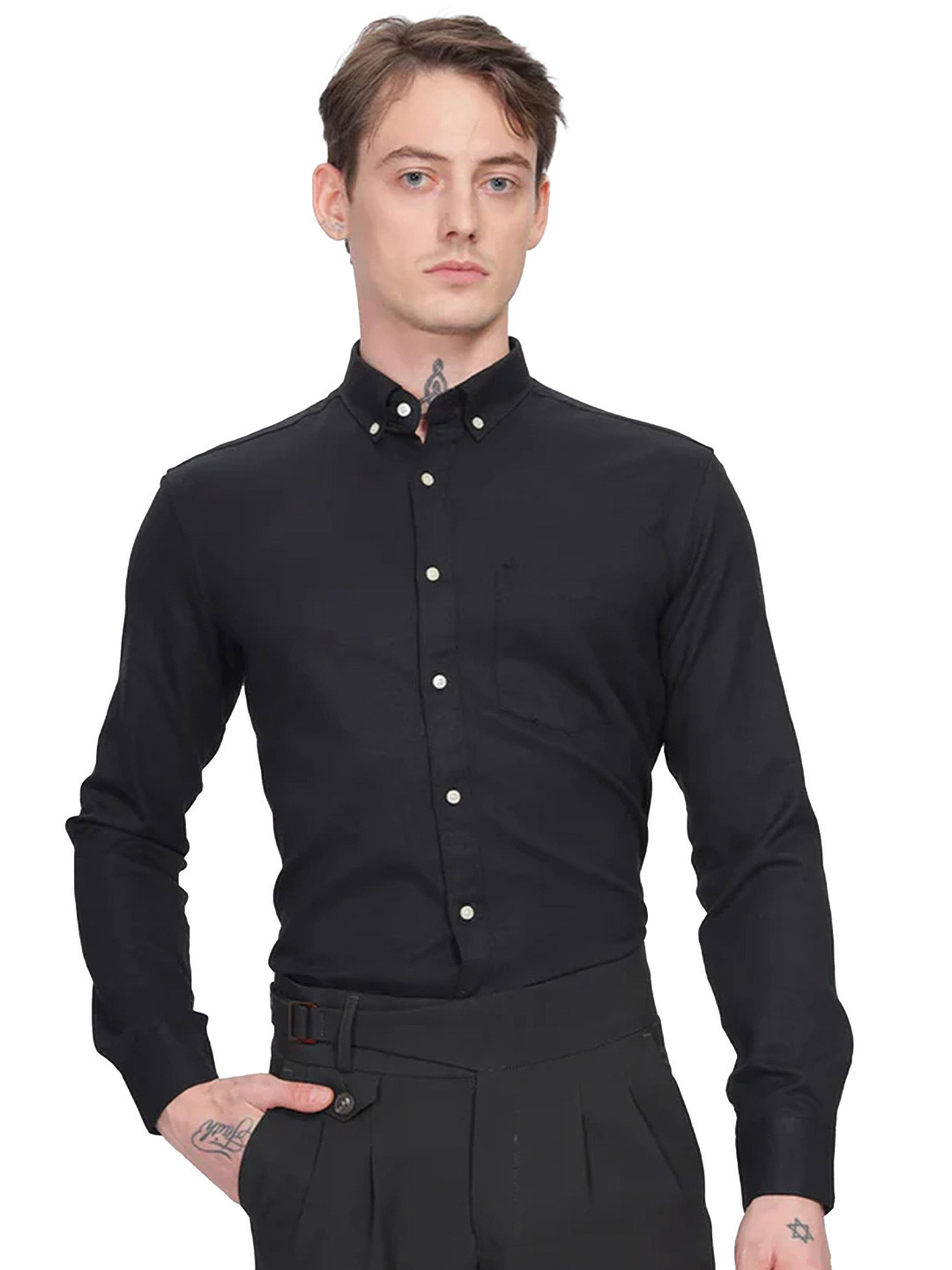 Buy Ilyzly Men Standard Button Down Collar Solid Cotton Tailored Fit Semiformal Shirt - Shirts ...