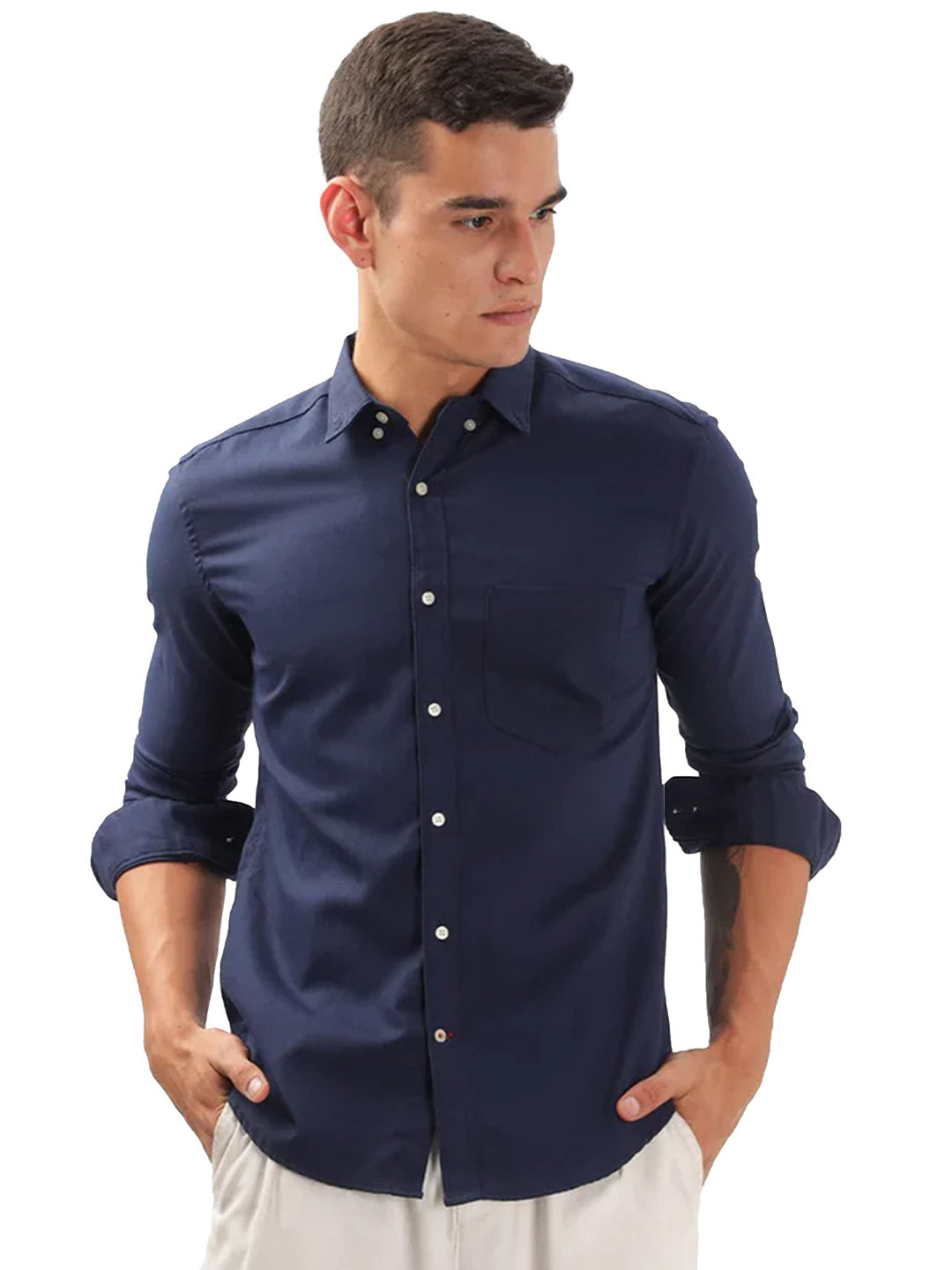 Buy Ilyzly Men Standard Button Down Collar Solid Cotton Tailored Fit Semiformal Shirt - Shirts ...