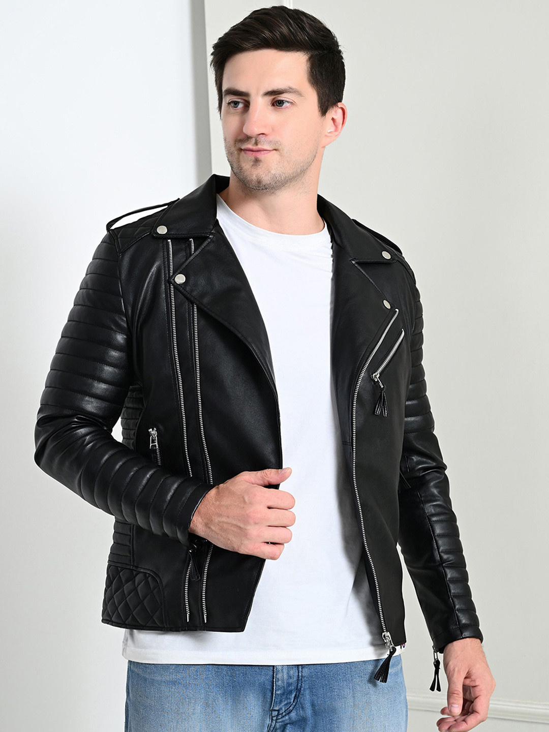 Buy TBOJ Men Lapel Collar Solid Casual Biker Jacket - Jackets for Men ...