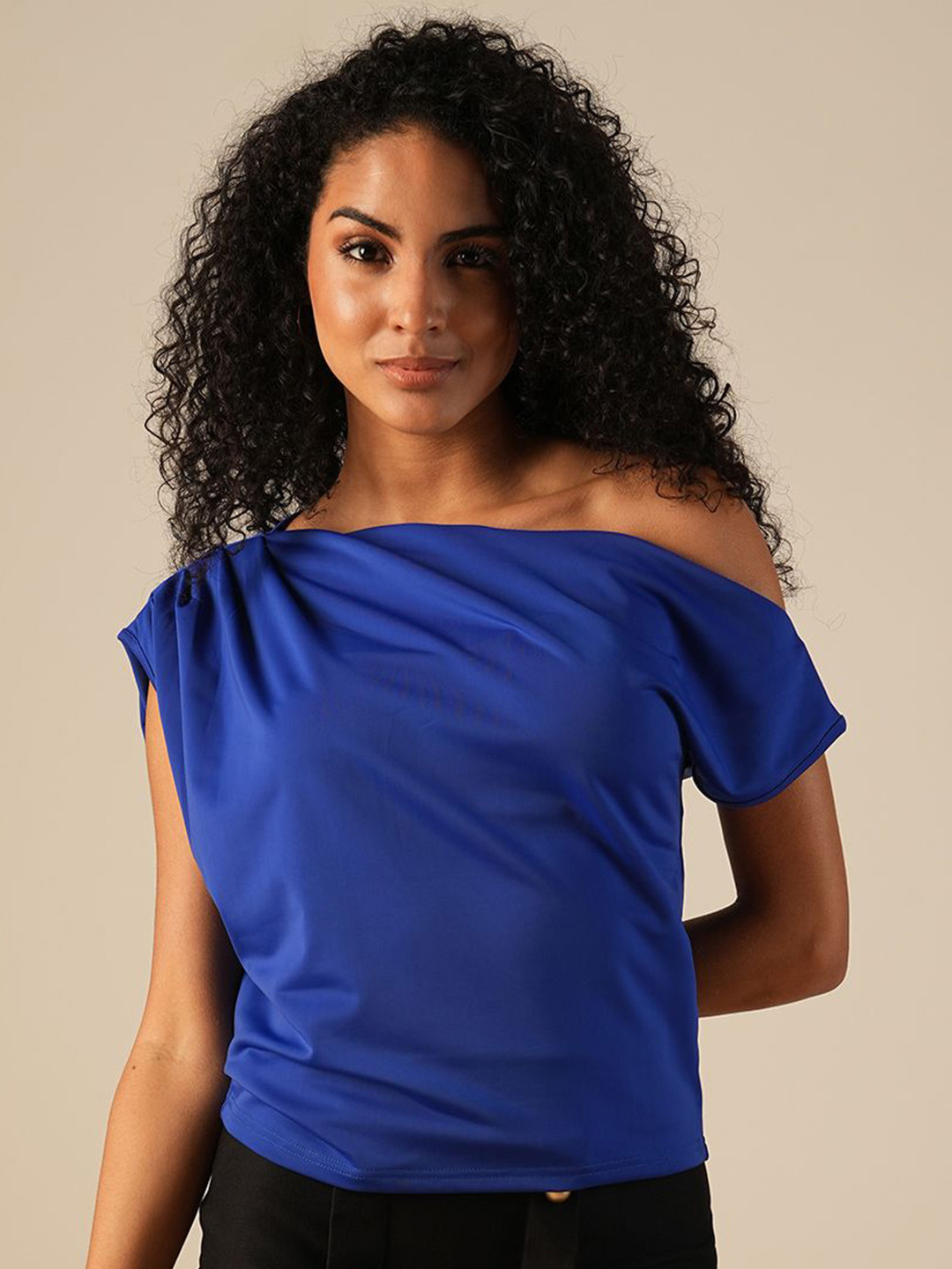 Buy Globus One Shoulder Extended Sleeve Solid Gather Detail Party Top ...