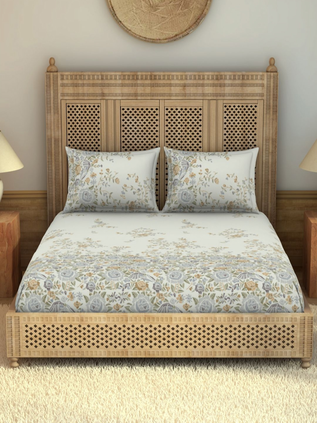 Buy SPACES Rangana Rotary Blue Printed Pure Cotton 210 TC King Bedsheet ...