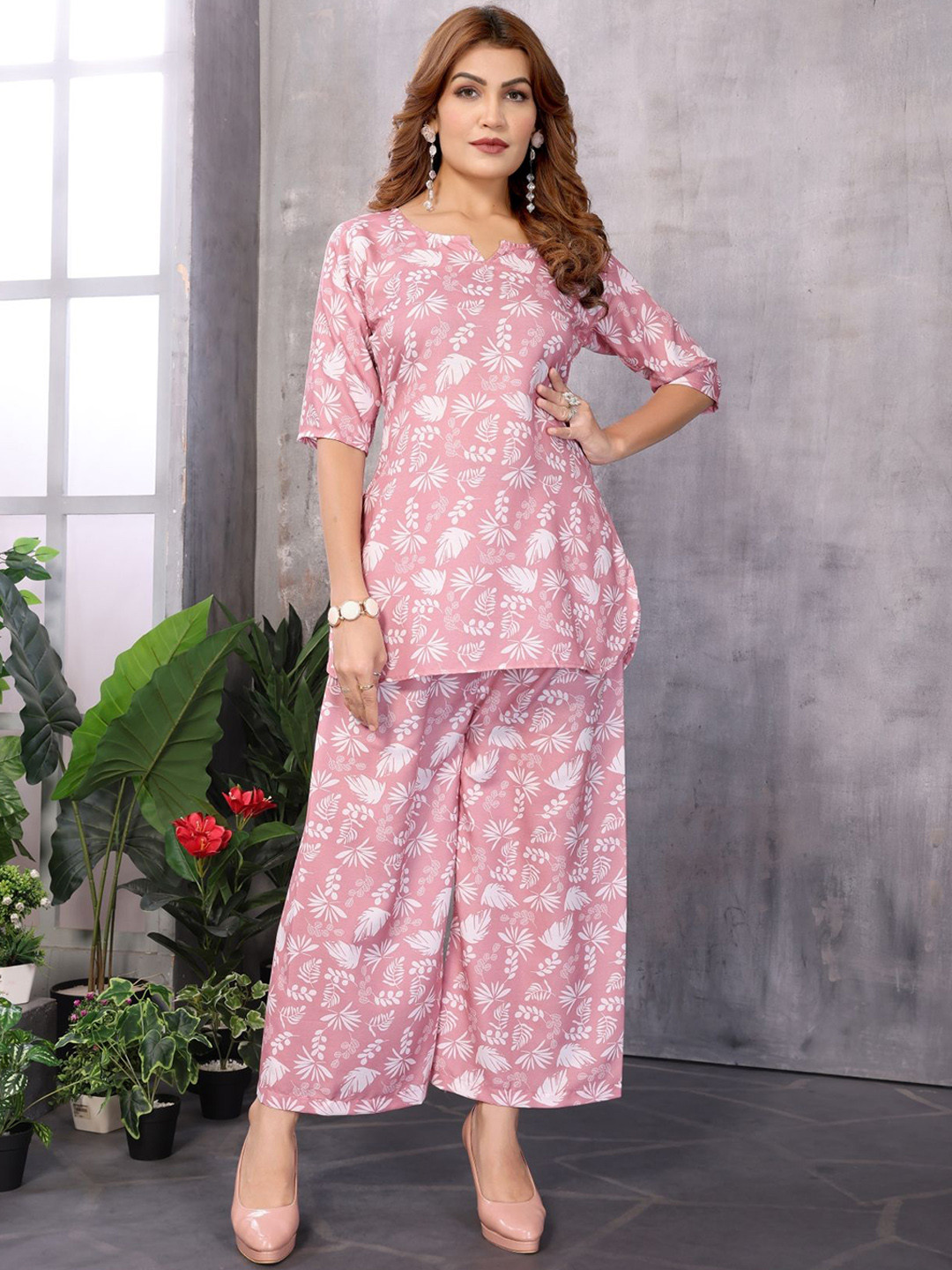 Buy Vj Fashion Floral Printed Notch Neck Tunic With Palazzos - Co Ords ...