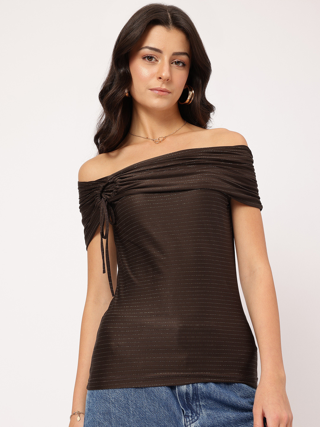 Buy DressBerry Off Shoulder Striped Cut Out Ring Detail Fitted Top ...