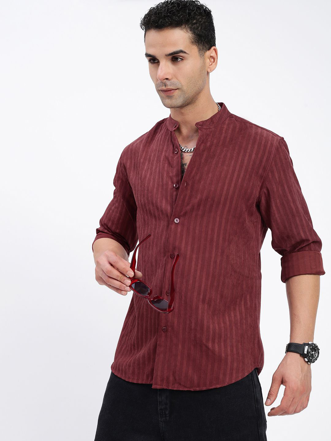 Buy SHOWOFF Men Standard Band Collar Textured Cotton Casual Shirt ...