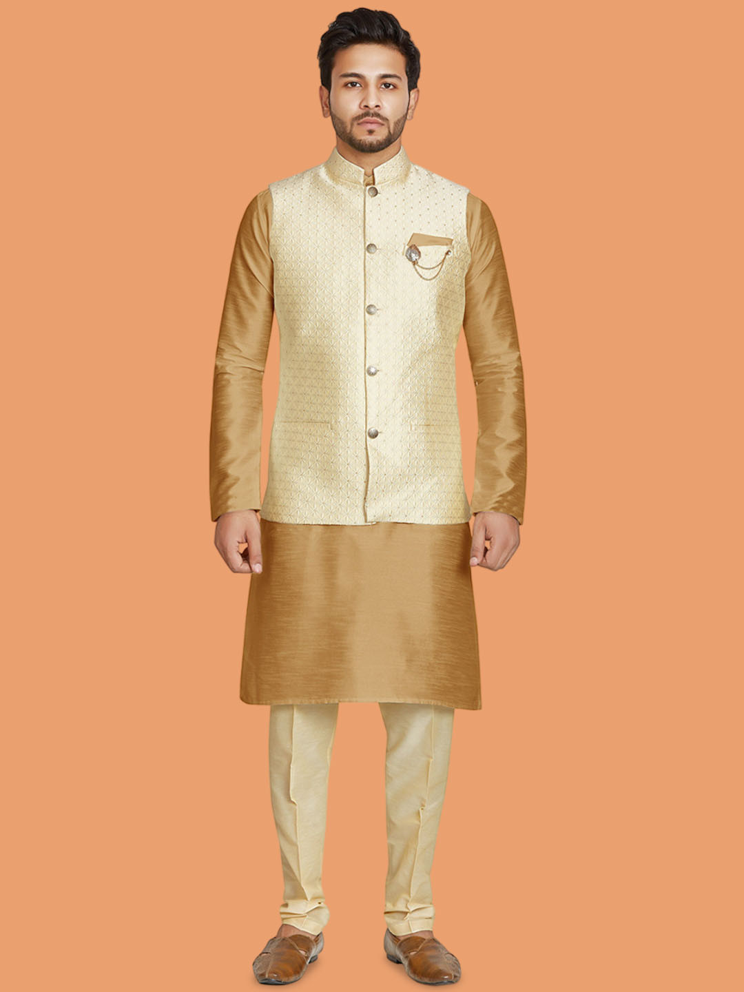 Buy Anouk Brown Mandarin Collar Straight Kurta With Pyjamas & Nehru ...