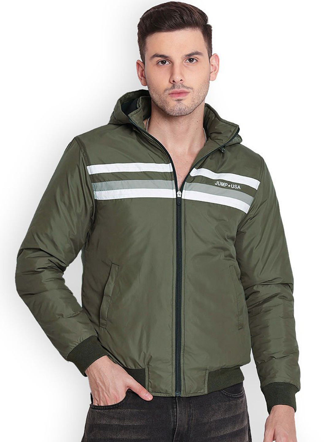 Buy JUMP USA Men Hooded Striped Casual Bomber Jacket - Jackets for Men ...