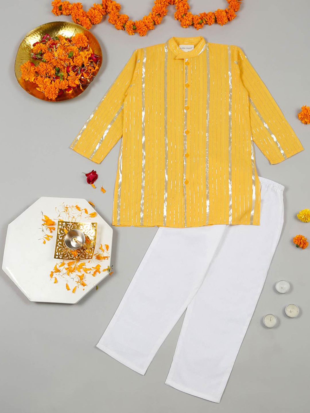 Buy LITTLE GINNIE Boys Striped Mandarin Collar Straight Kurta With ...