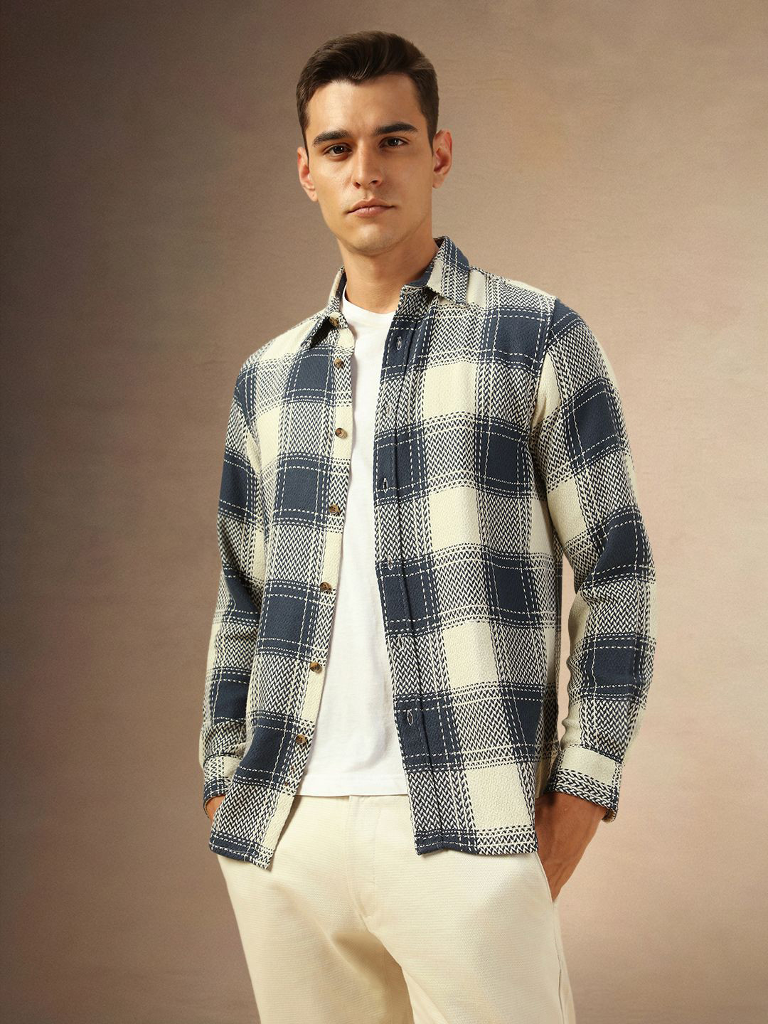 Buy Dennis Lingo Men Comfort Spread Collar Checked Cotton Relaxed Fit ...