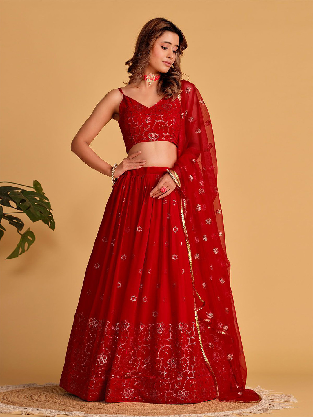 Buy ODETTE Embellished Sequinned Semi Stitched Lehenga & Unstitched ...