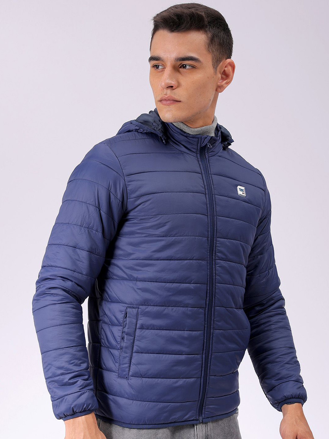 Buy The Indian Garage Co Men Blue Solid Detachable Hood Quilted Jacket ...
