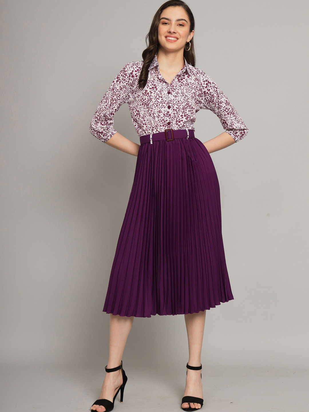 Buy Femvy Abstract Printed Shirt Collar Accordion Pleats Midi Dresses ...