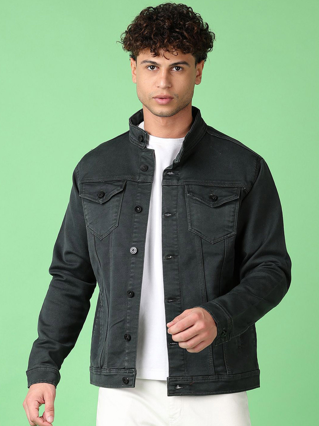 Buy V Mart Men Mandarin Collar Solid Denim Casual Jacket - Jackets for ...