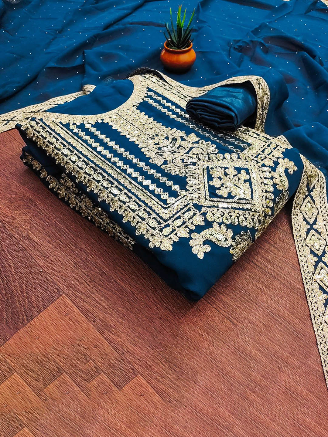 Buy KALINI Floral Embroidered Georgette Unstitched Dress Material ...