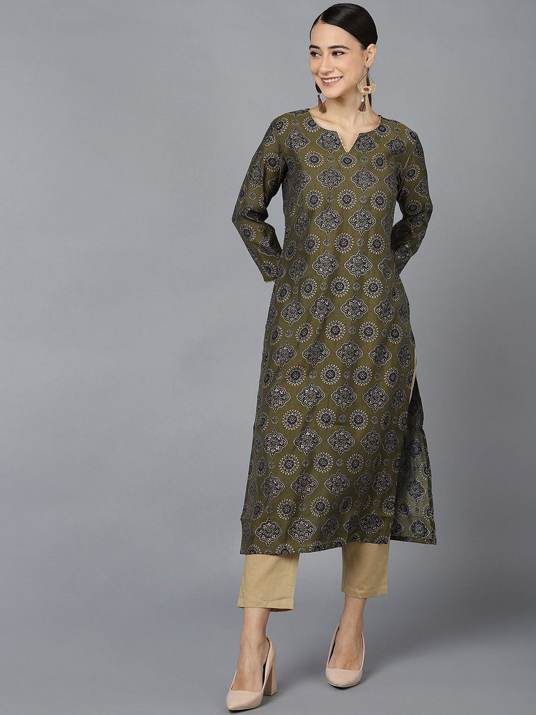 Buy KALINI Ethnic Motifs Printed Notch Neck Straight Kurta - Kurtas for ...