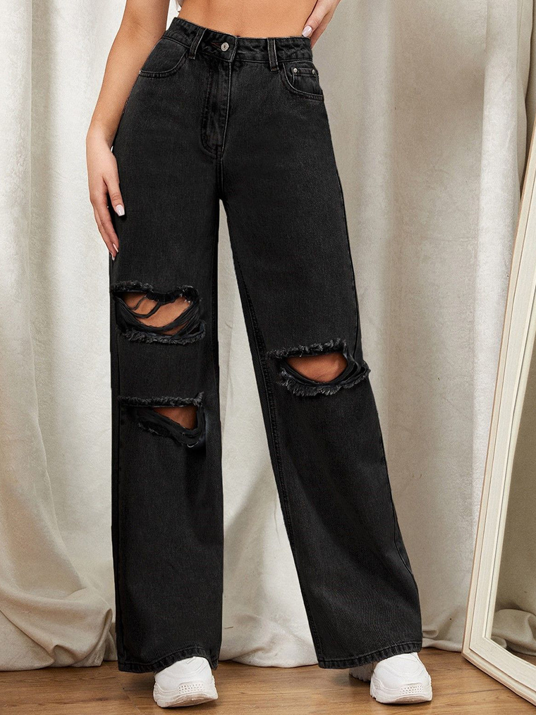 Buy AAHWAN Women Relaxed Fit High Rise Slash Knee Jeans - Jeans for ...