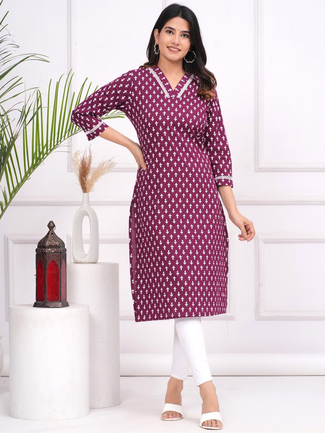 Buy ANTU KURTIES Geometric Printed V Neck Pure Cotton Straight Kurta ...