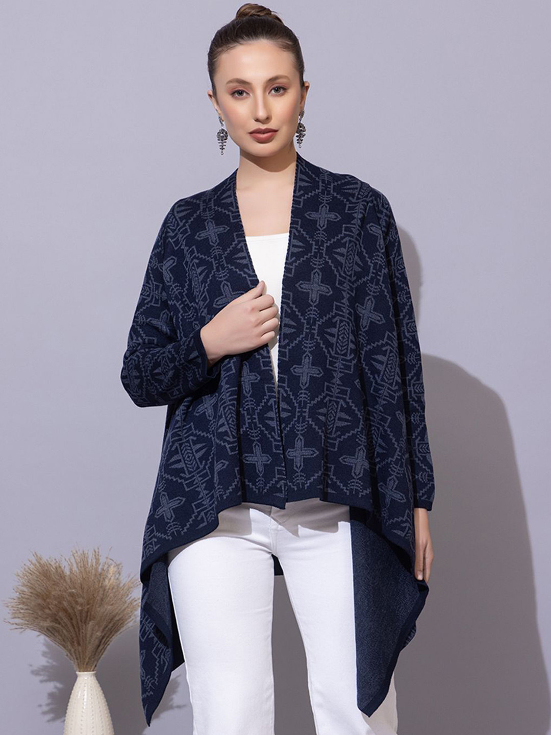 Buy Anouk Navy Blue Ethnic Motifs Printed Open Front Shrug - Shrug for ...