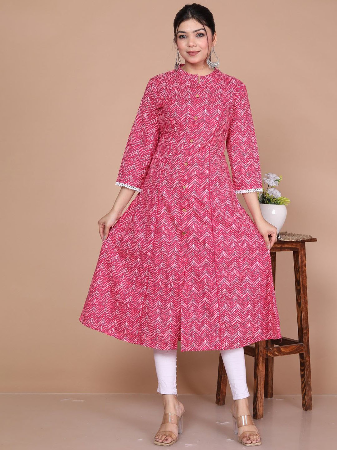 Buy ANTU KURTIES Chevron Printed Mandarin Collar Regular Cotton A Line ...