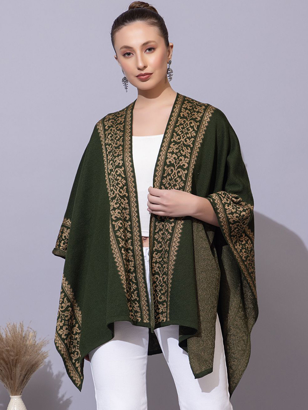 Buy Anouk Olive Green Ethnic Motifs Printed Open Front Shrug - Shrug ...