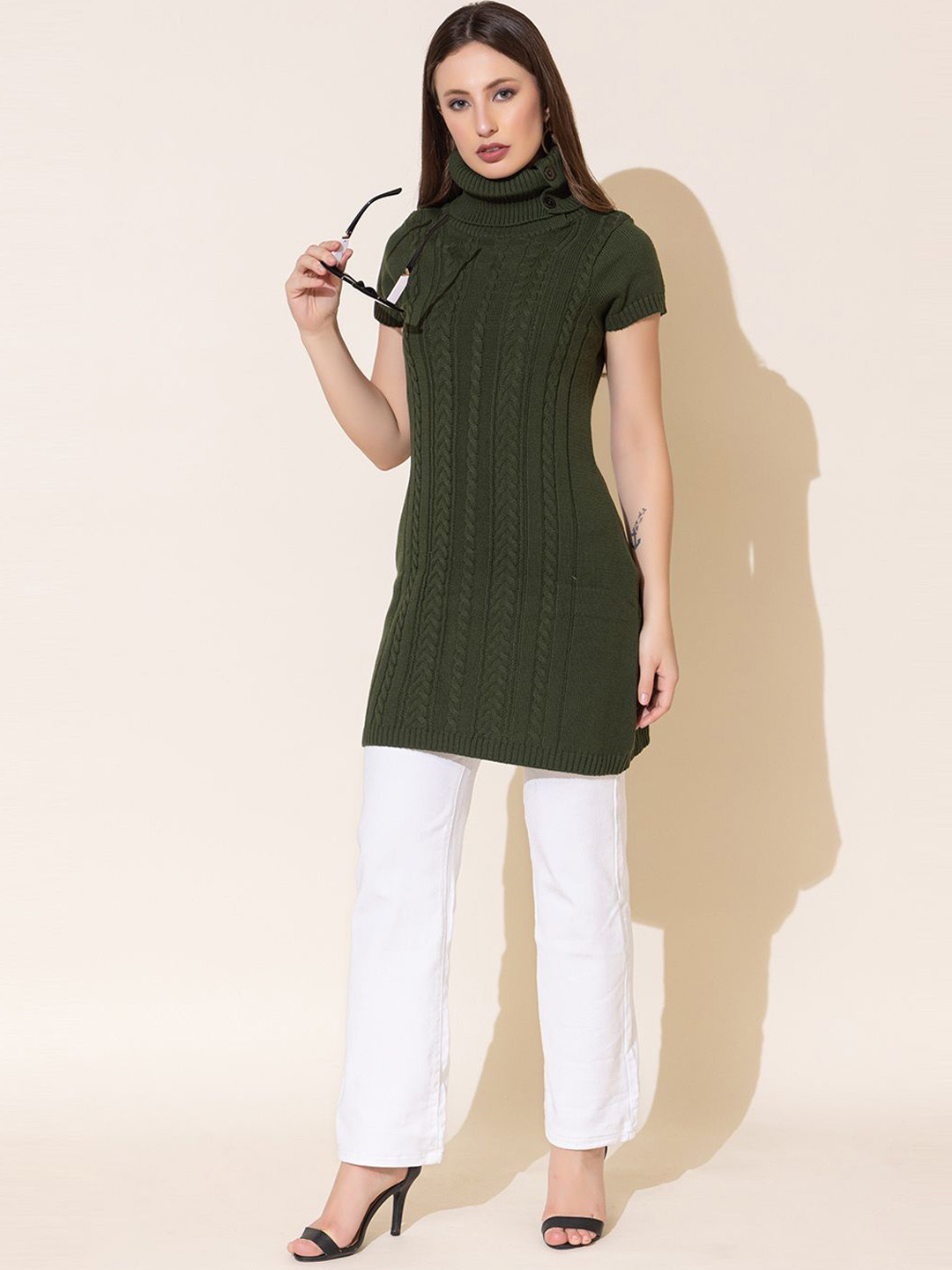 Buy Anouk Olive Green Striped Woven Design Hight Neck Jacquard Straight ...