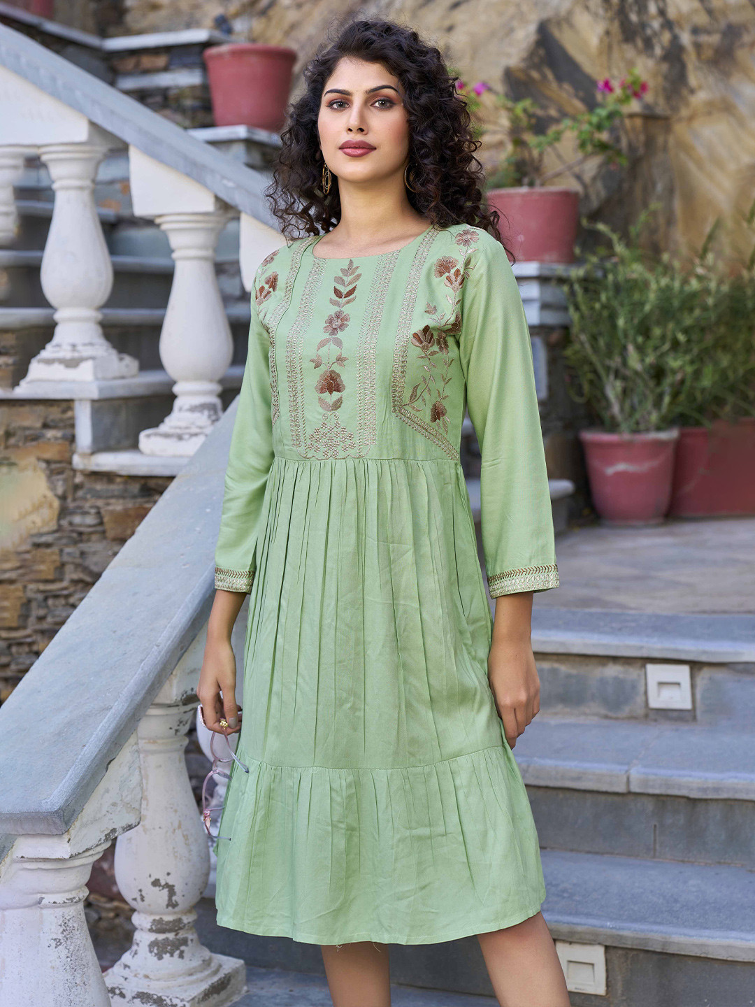 Buy Flossy Women Embroidered Round Neck Fit & Flare Casual Dress ...