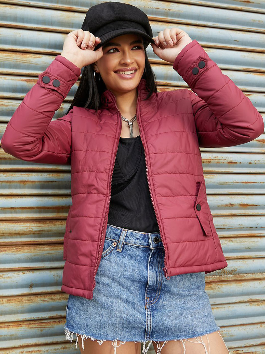 Buy Campus Sutra Women Mock Collar Solid Casual Puffer Jacket - Jackets ...