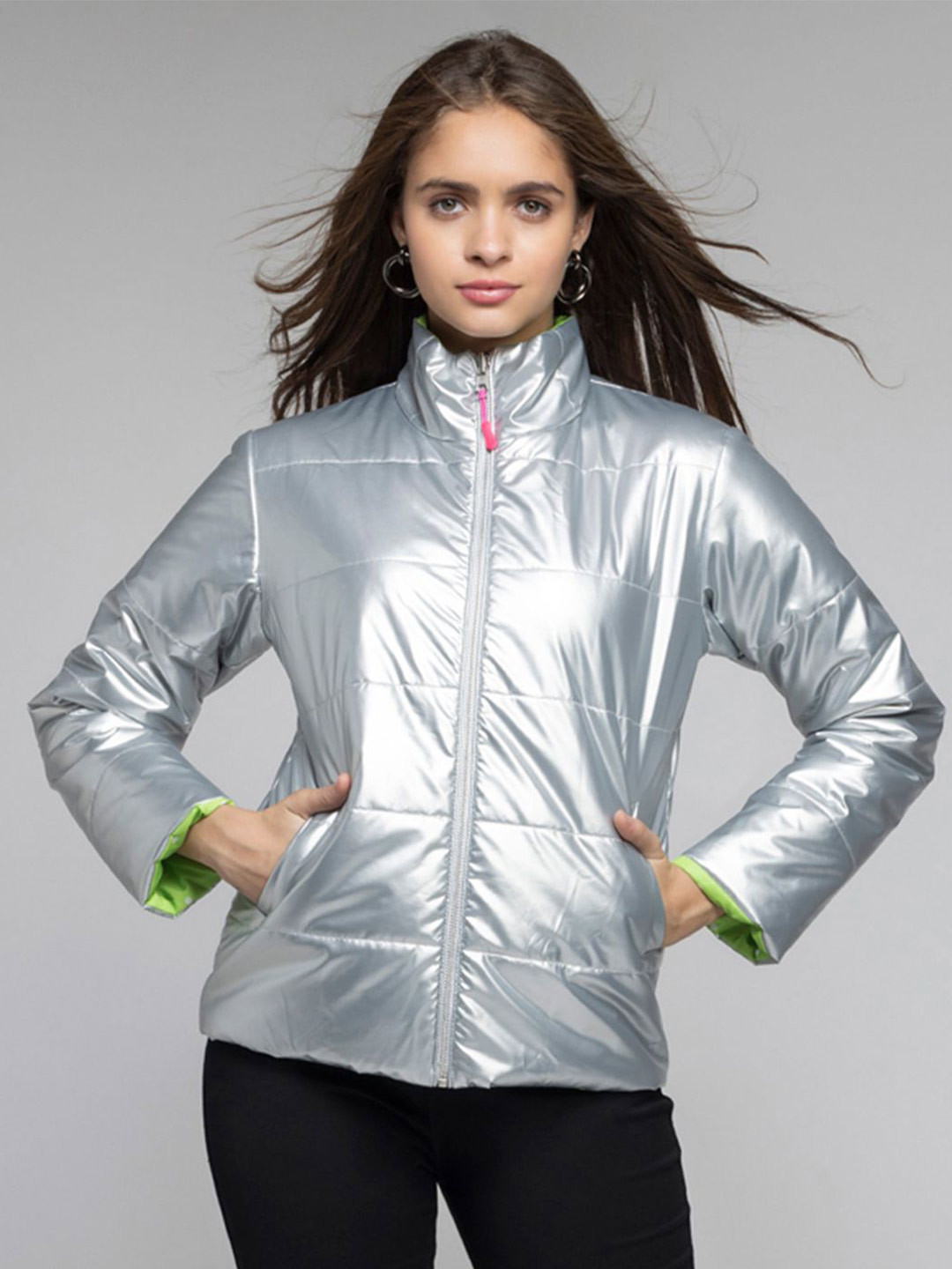 Buy SHAYE Women Mock Collar Solid Casual Puffer Reversible Jacket ...