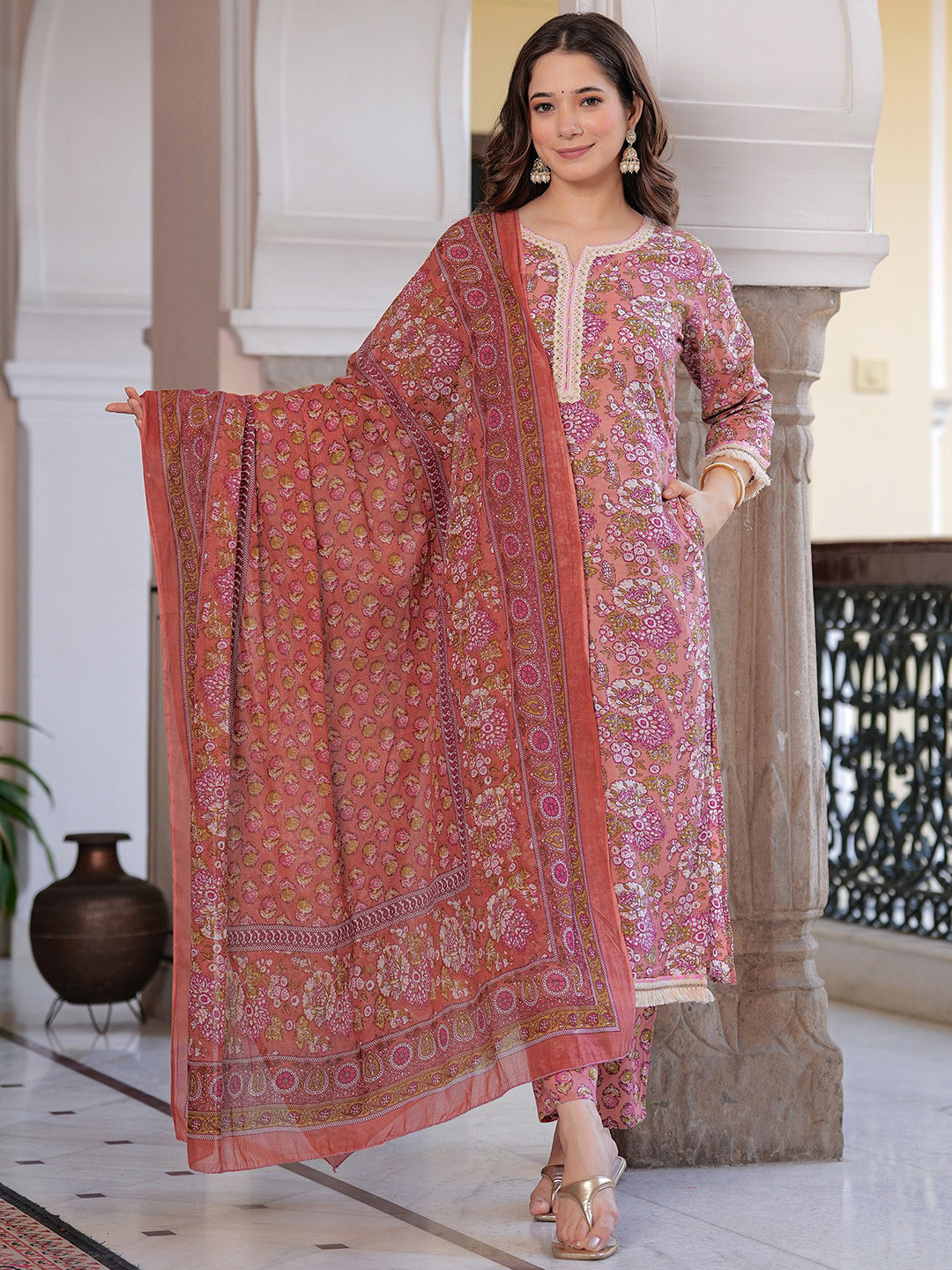 Buy EKAKRITI Notch Neck Floral Printed Straight Kurta With Trouser ...