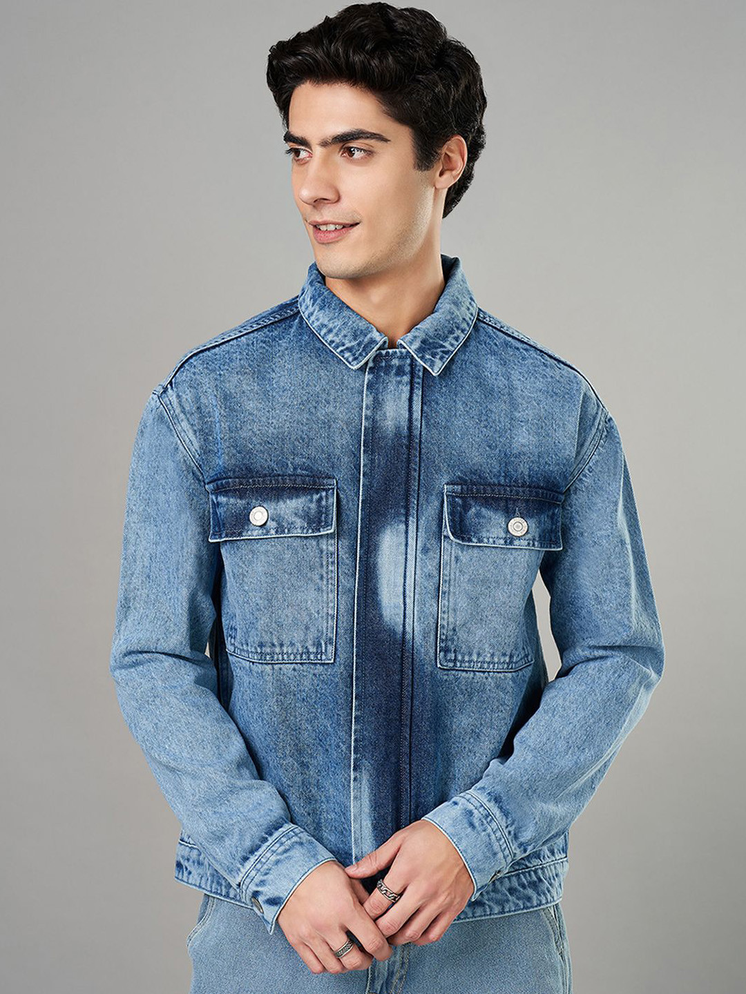 Buy People Men Spread Collar Washed Solid Cotton Casual Denim Jacket ...