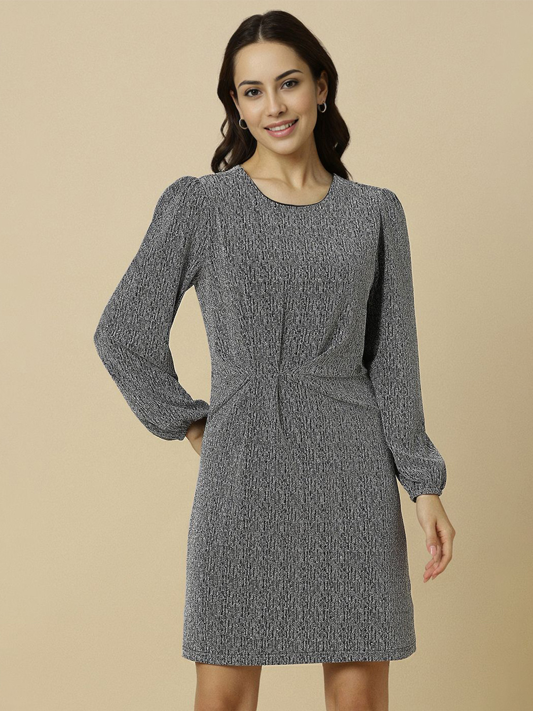 Buy Allen Solly Woman Cotton Round Neck Puff Sleeve A Line Dress ...