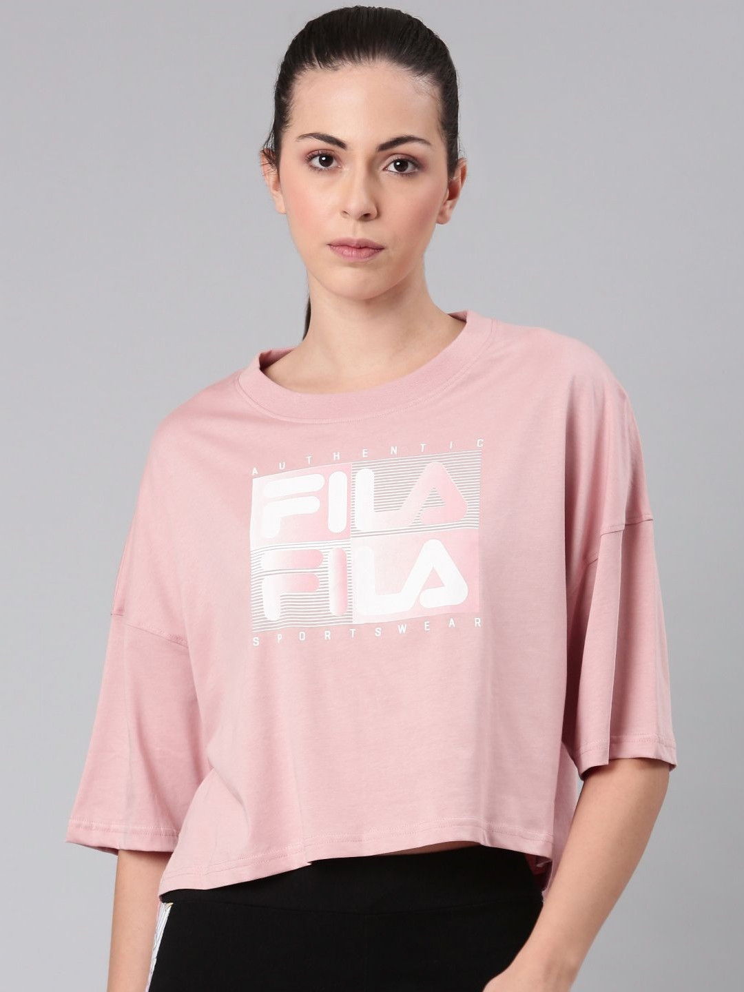Buy FILA Women Typography Printed Round Neck Cotton Boxy T Shirt ...