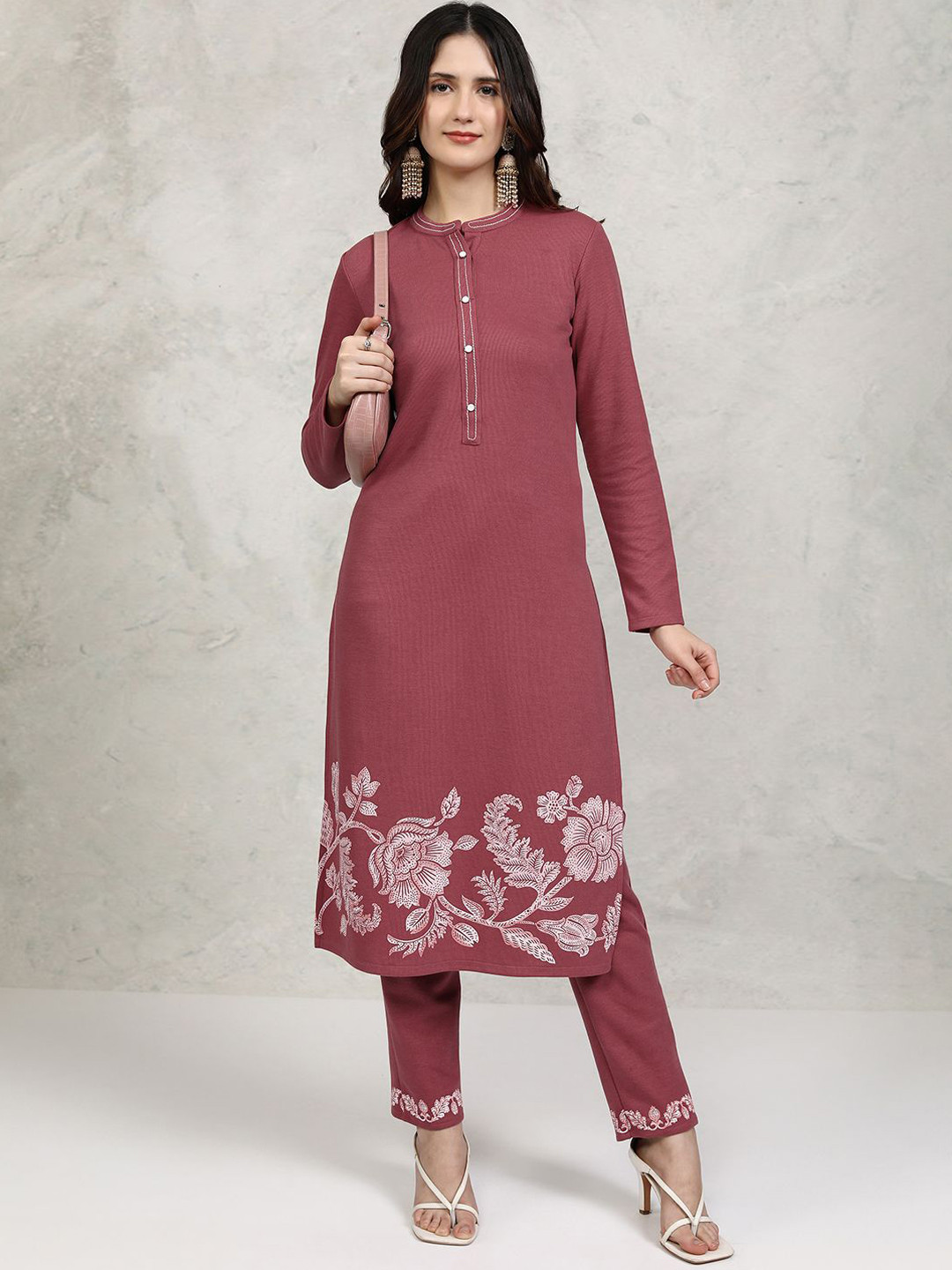 Buy Vishudh Rust Floral Printed Mandarin Collar Straight Kurta With ...