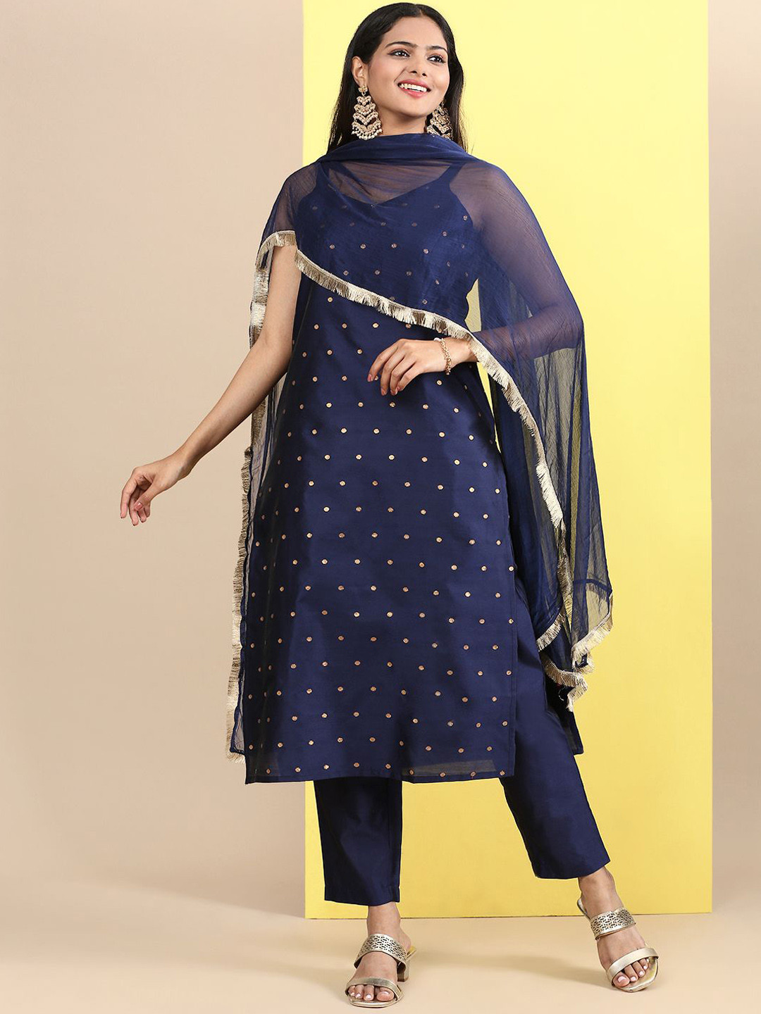 Buy Styli Floral Woven Design Shoulder Straps Zari Straight Kurta With ...