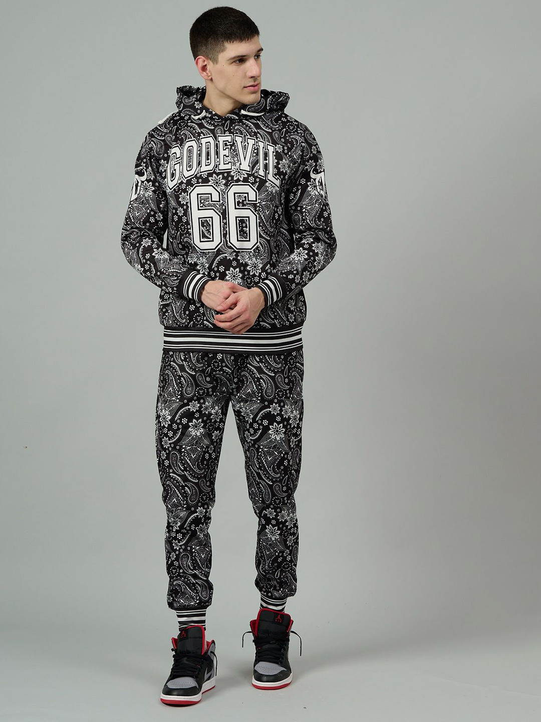 Buy GO DEVIL Paisley Printed Hooded Oversized Woollen Fleece Sweatshirt ...