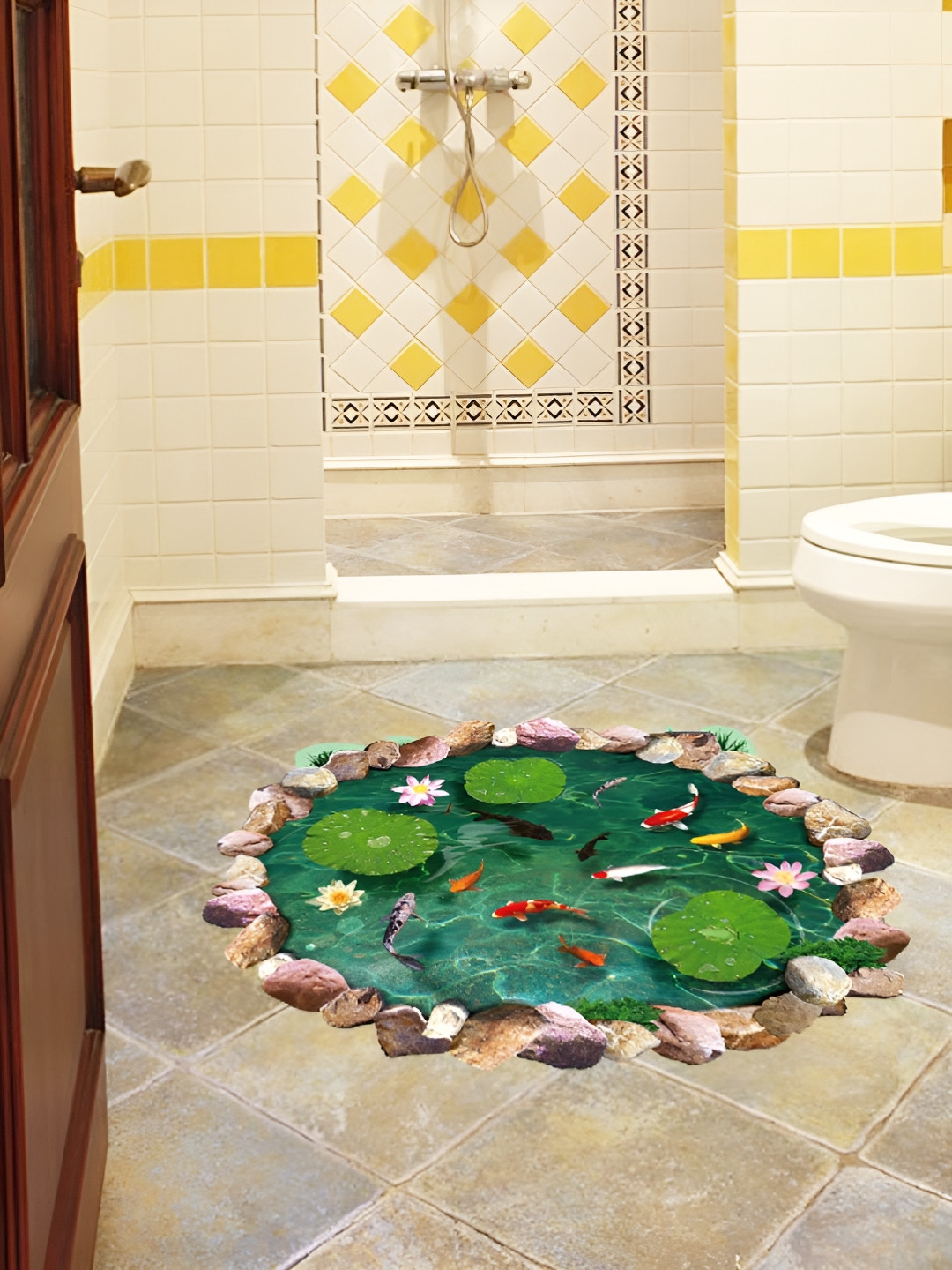 Buy Asian Royal Red & Green Pond Fishes Flowers & Leaves Wall Sticker ...