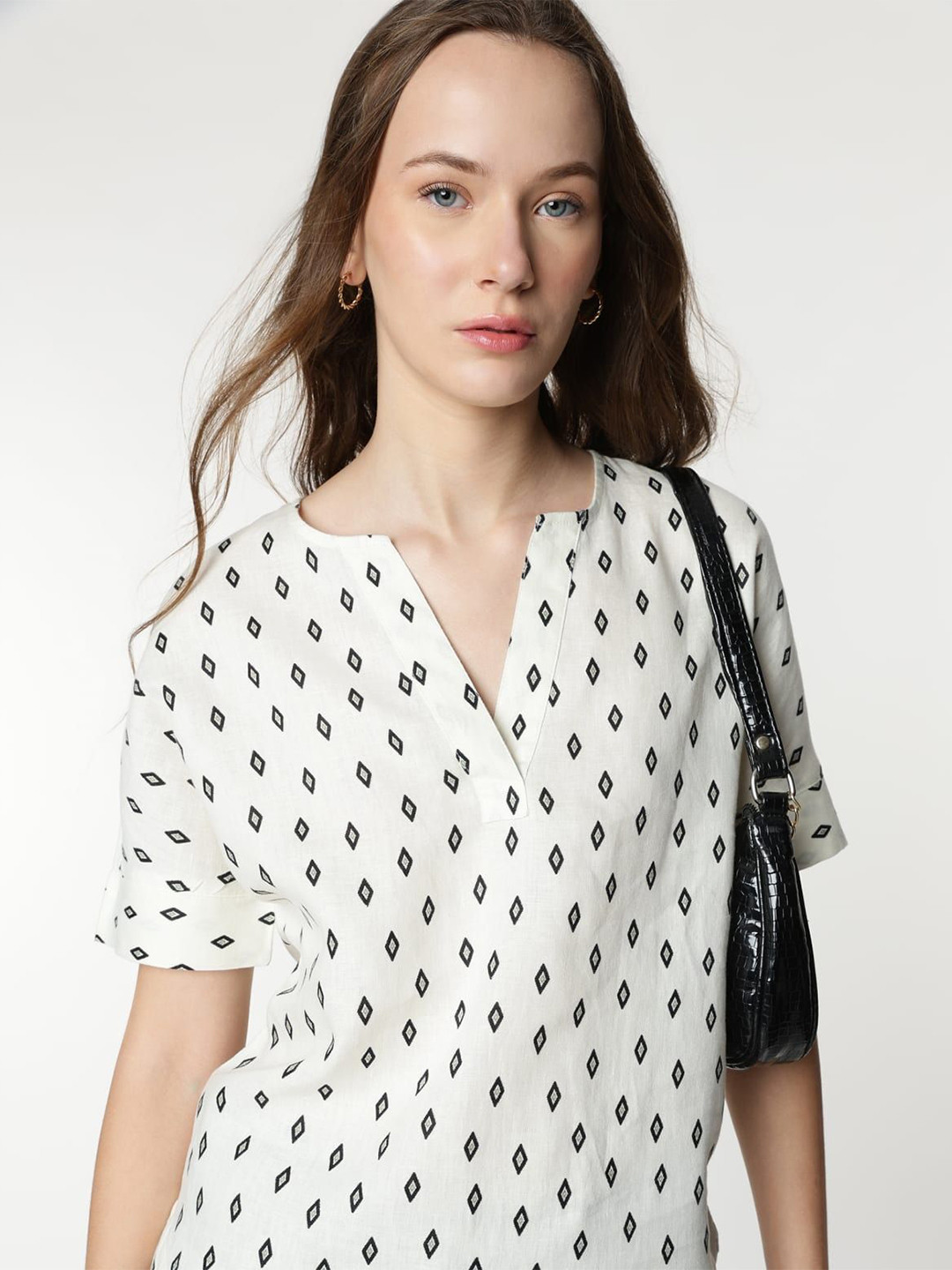 Buy Marks & Spencer Women Geometric Printed Round Neck Linen Top - Tops ...