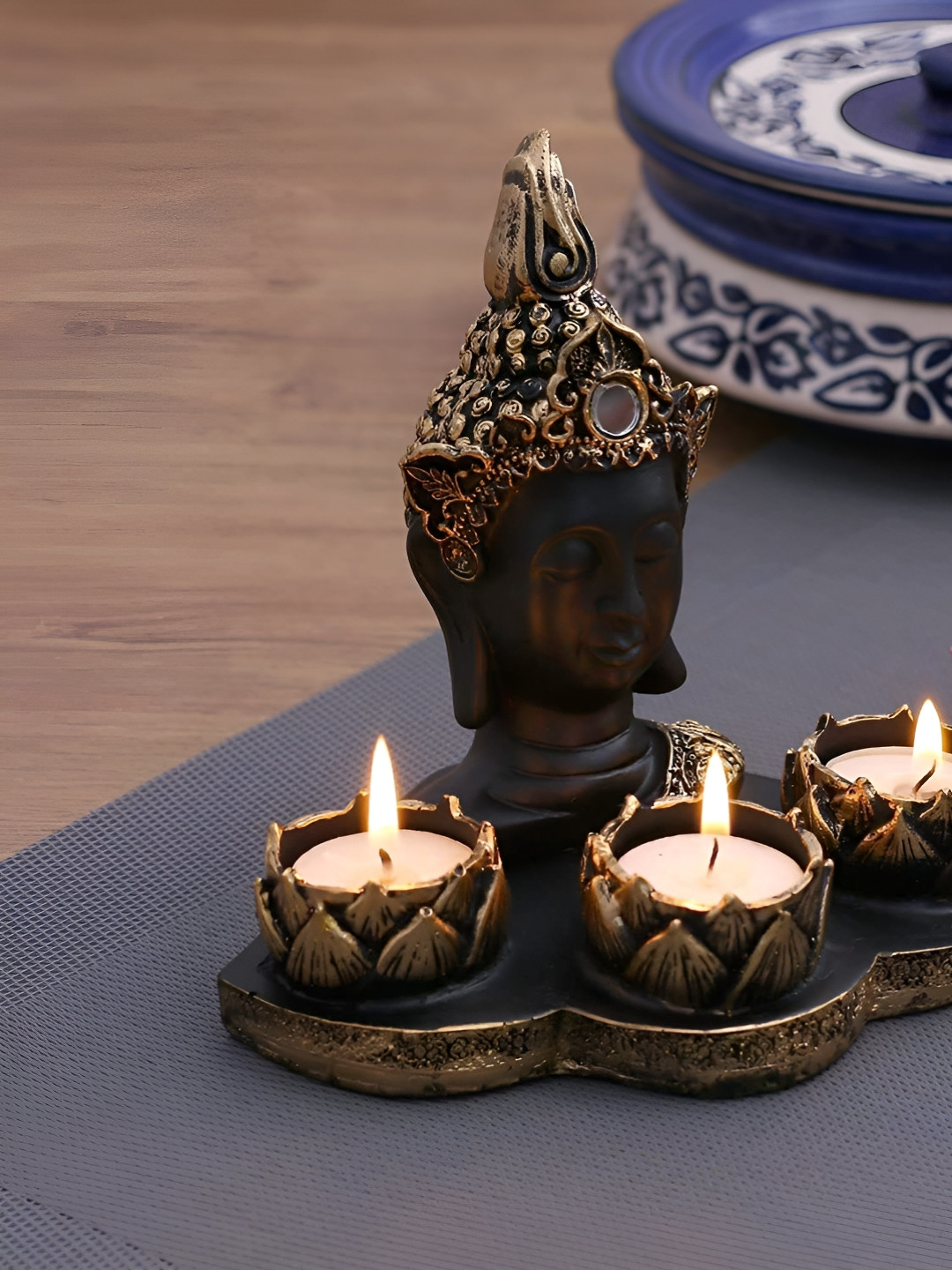 Buy Zart Black & Gold Toned Buddha Idol Showpiece With Candle Holder ...
