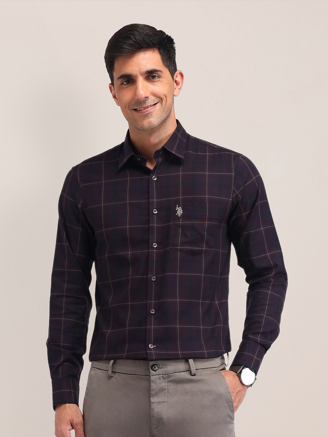 Buy U.S. Polo Assn. Men Classic Tailored Fit Opaque Checked Casual ...