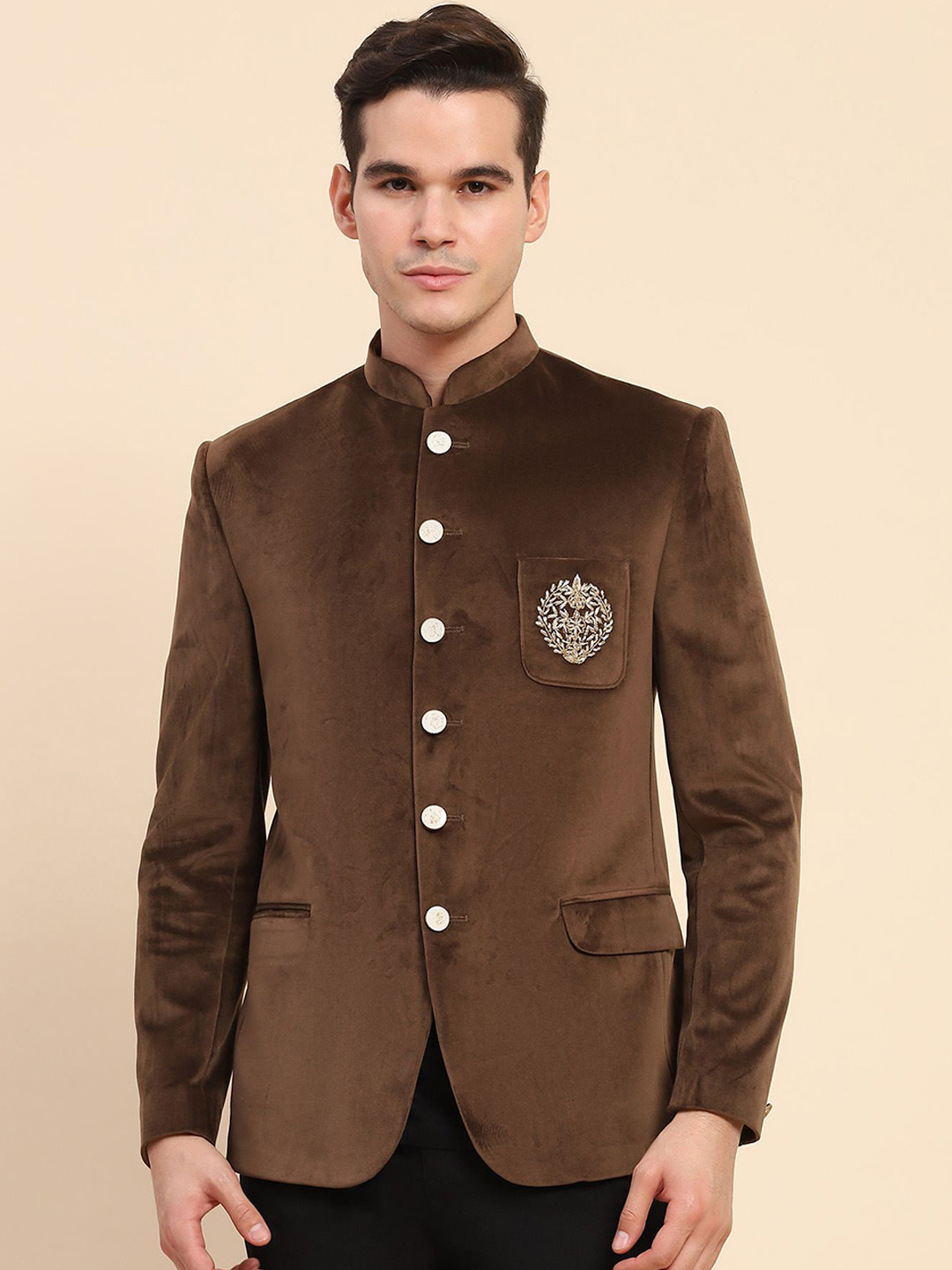 Buy Global Republic Men Embroidery Mandarin Collar Neck Blazer ...