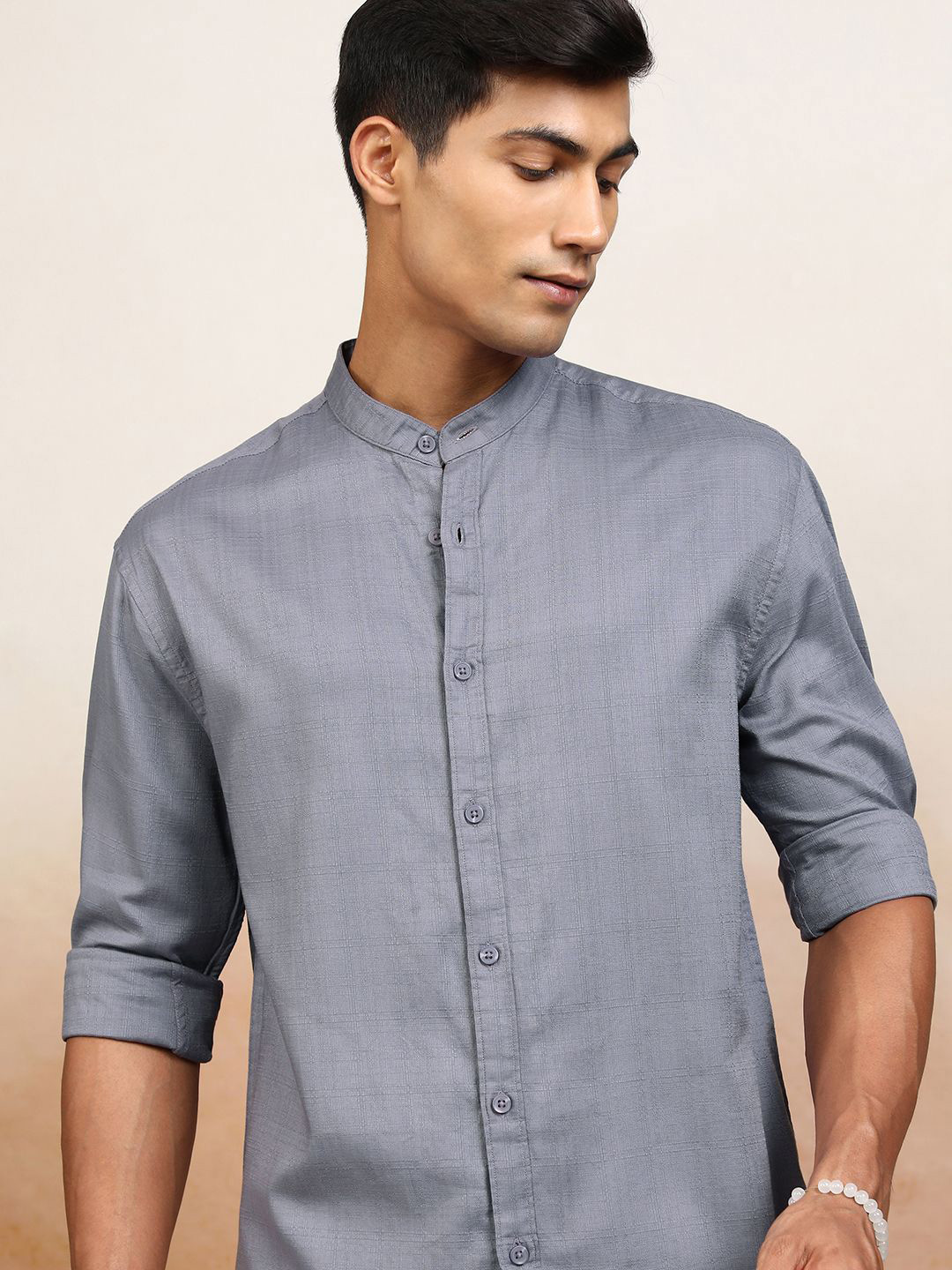 Buy Highlander Men Dobby Striped Mandarin Collar Roll Up Sleeve Relaxed ...