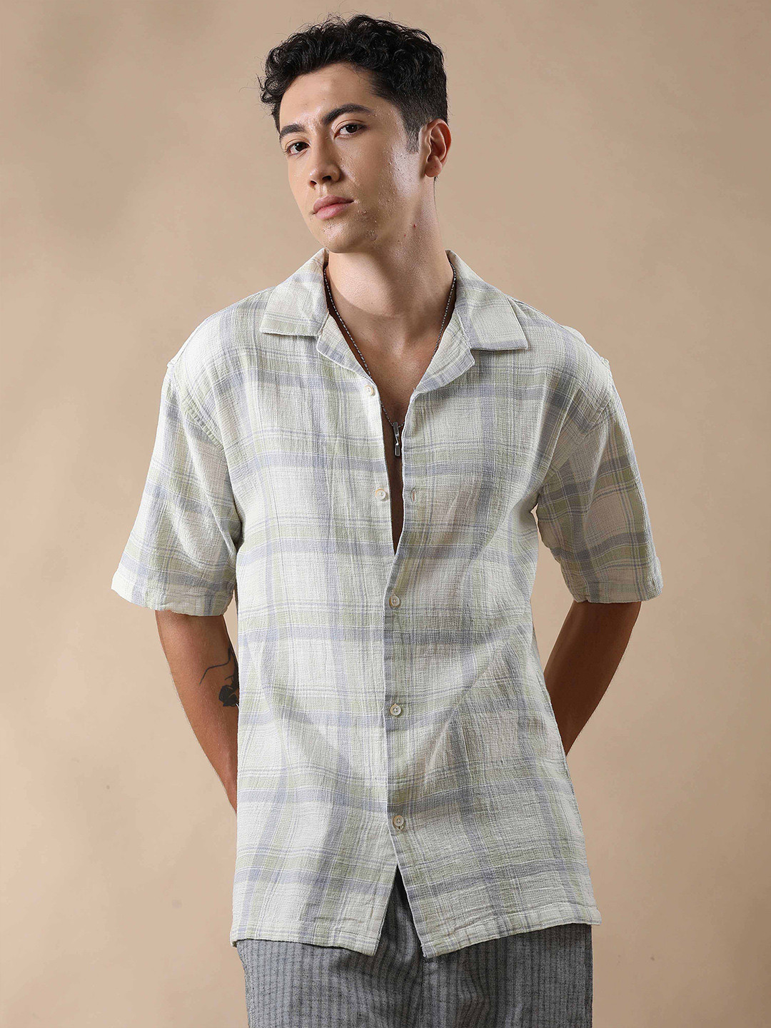Buy HOUSE OF MAHNOTS Men Relaxed Fit Checked Linen Casual Shirt ...