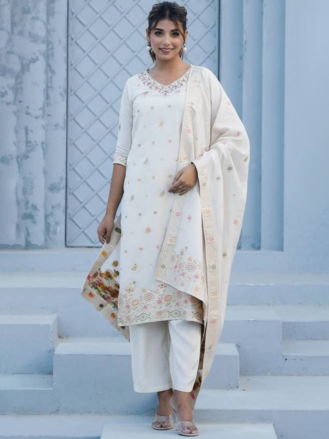 Buy FLAVIA CREATION V Neck Floral Self Design Straight Kurta With ...