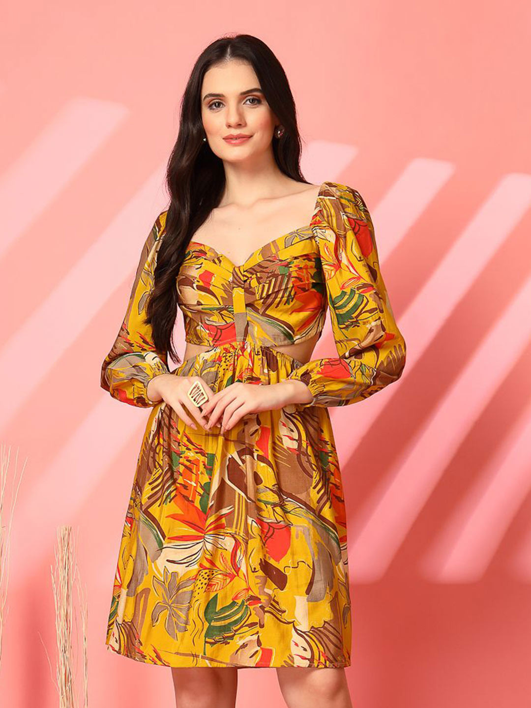Buy Aayu Women Print Puff Sleeve Fit & Flare Cut Outs Dress - Dresses ...