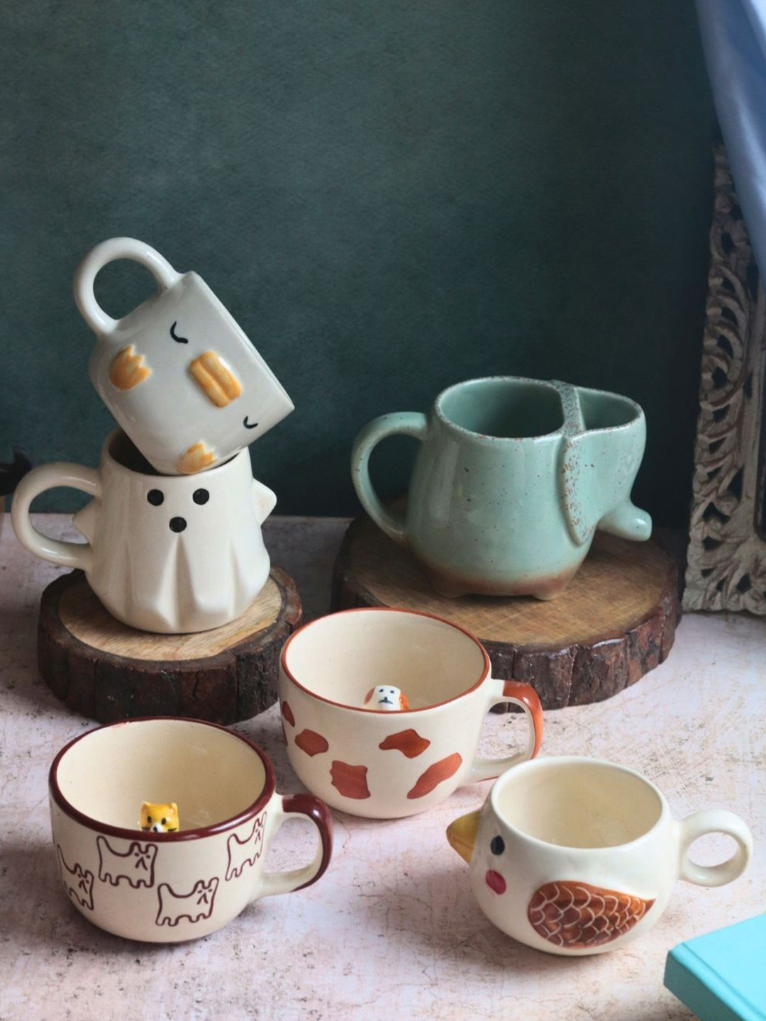 Buy WEAVING HOMES White & Blue 6 Pieces Printed Ceramic Glossy Cups 250 ...