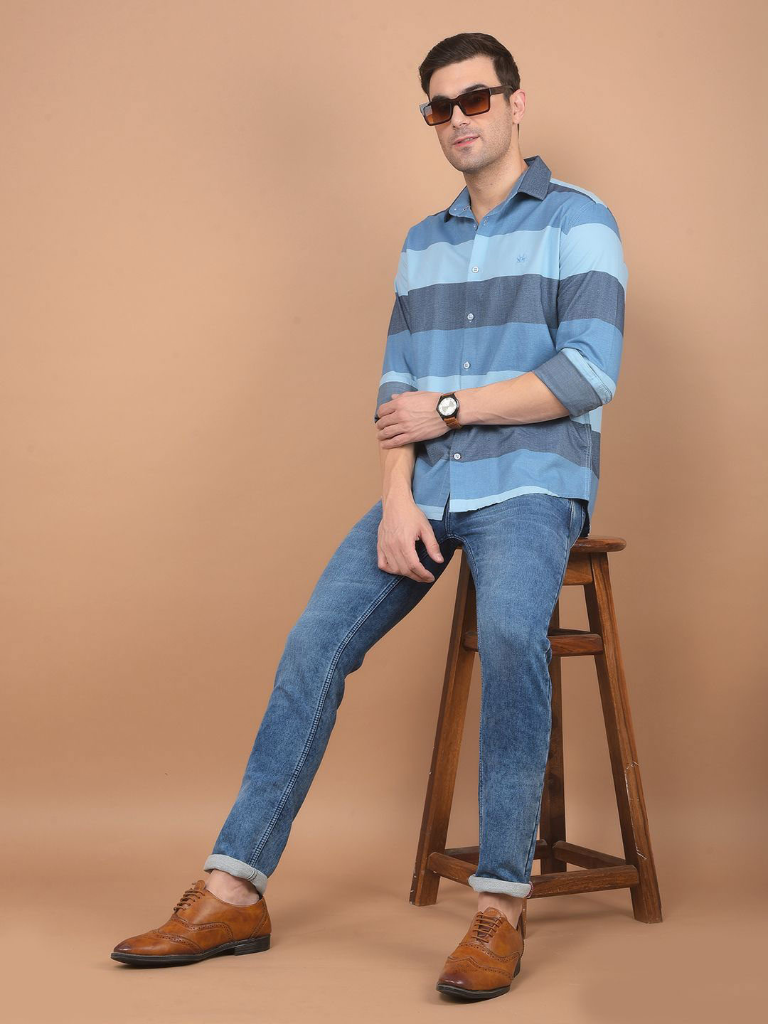 Buy Crimsoune Club Men Classic Spread Collar Horizontal Striped Cotton ...