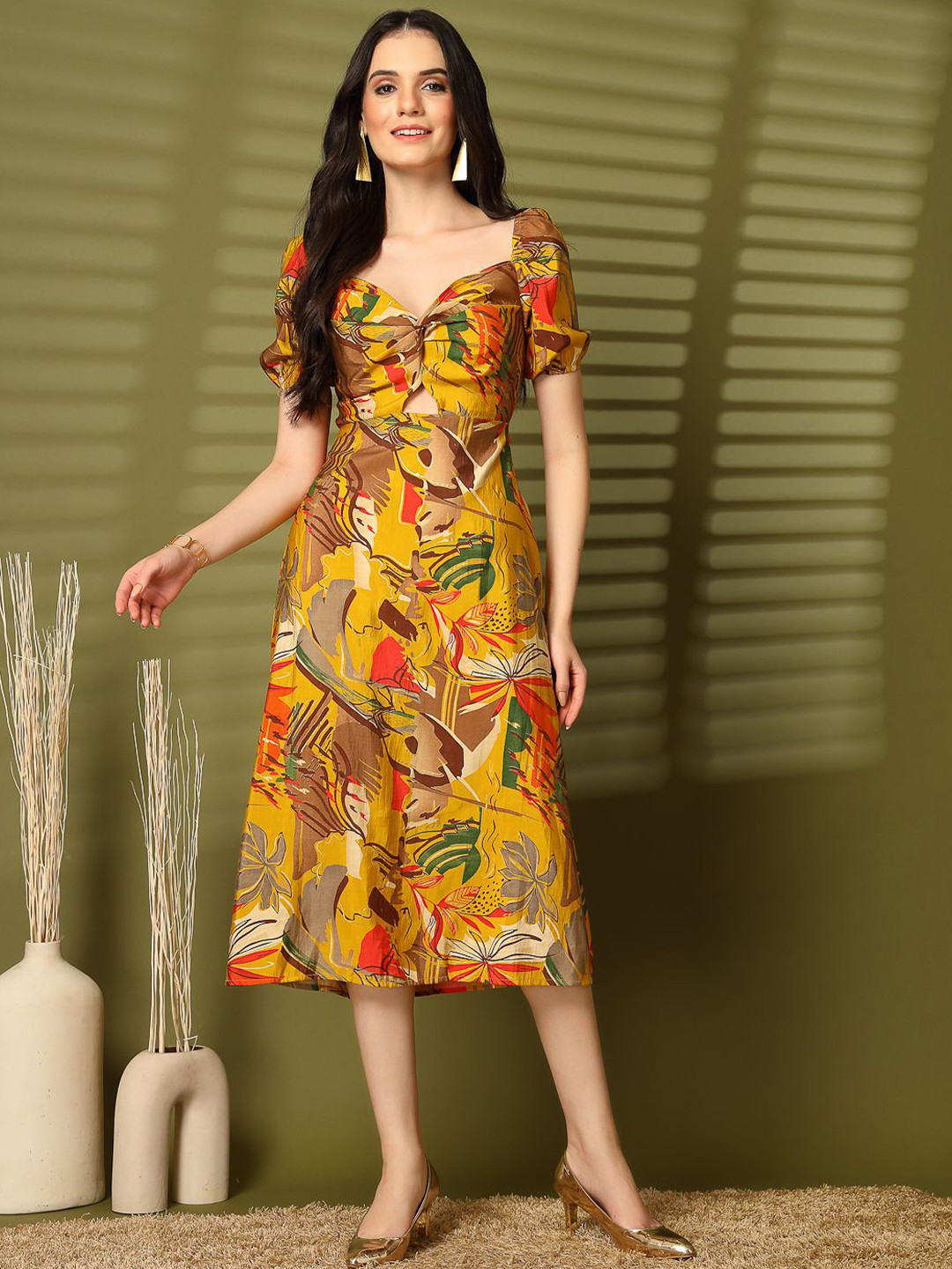 Buy Aayu Women Self Design Printed Puff Sleeve Fit & Flare Midi Dress ...