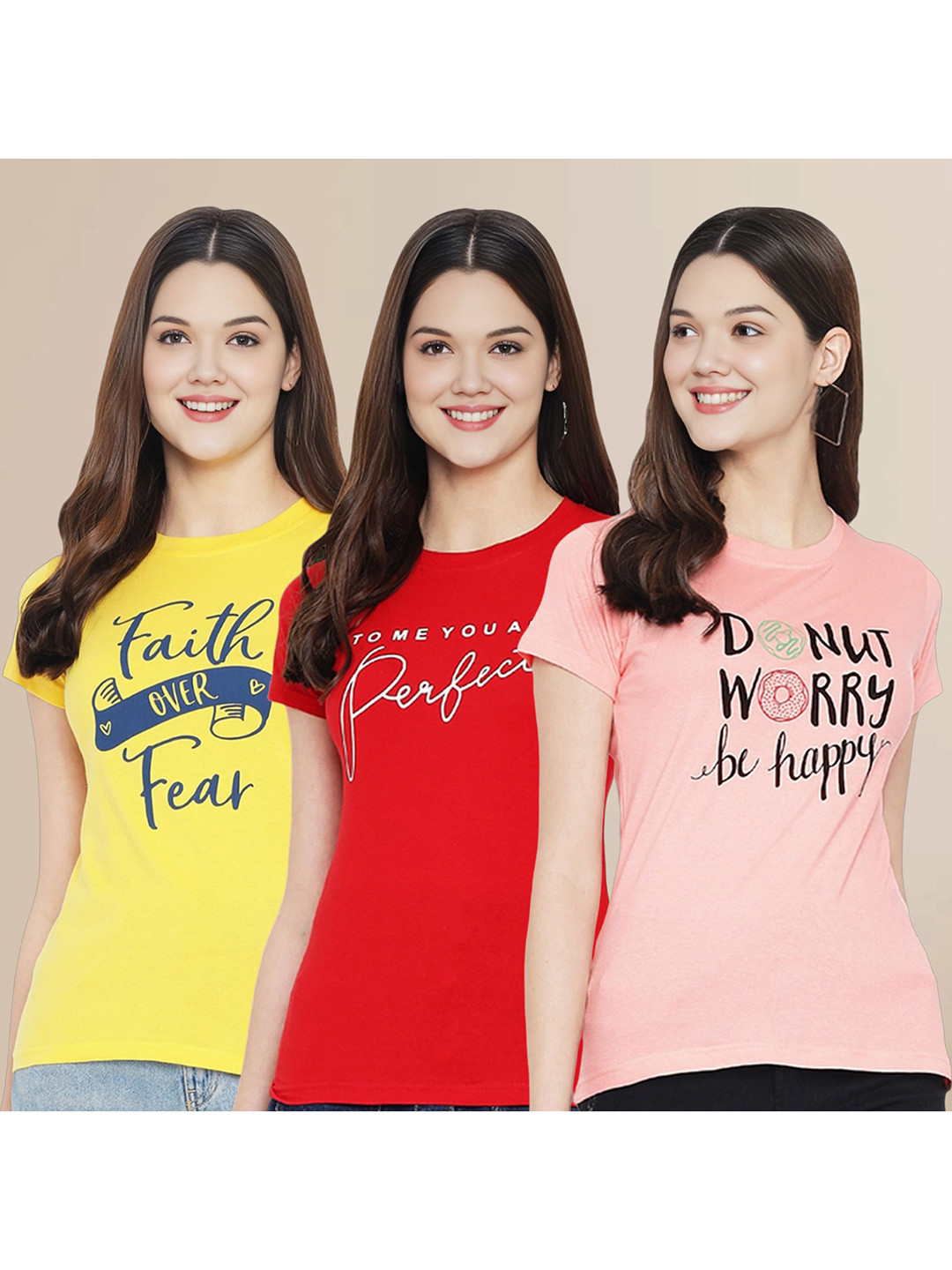 Buy Metronaut Women Pack Of 3 Typography Printed Round Neck Cotton T ...