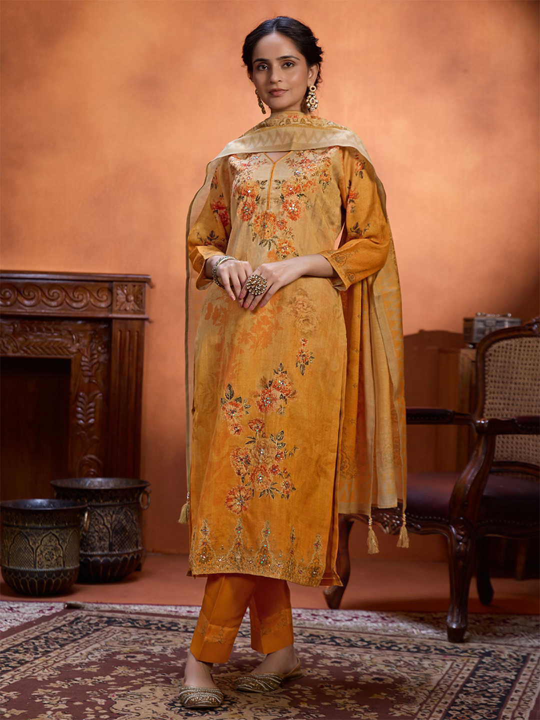 Buy WOMEN PLUS Floral Digital Printed Beads And Stones Jacquard Kurta ...