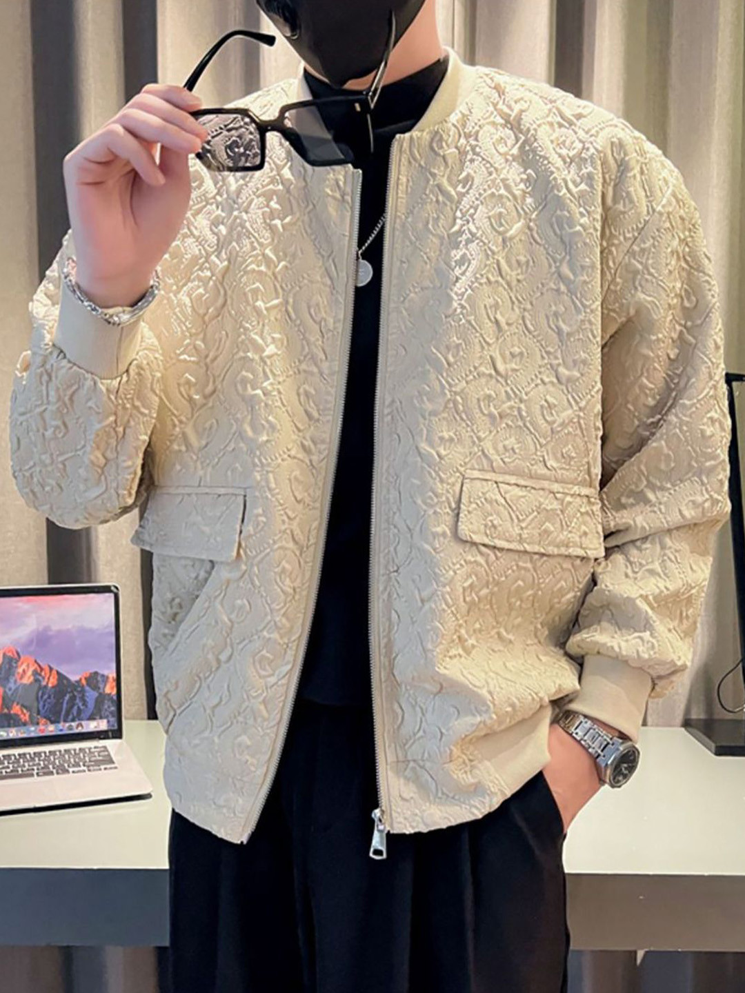 Buy StyleCast X Revolte Men Stand Collar Self Design Casual Bomber ...