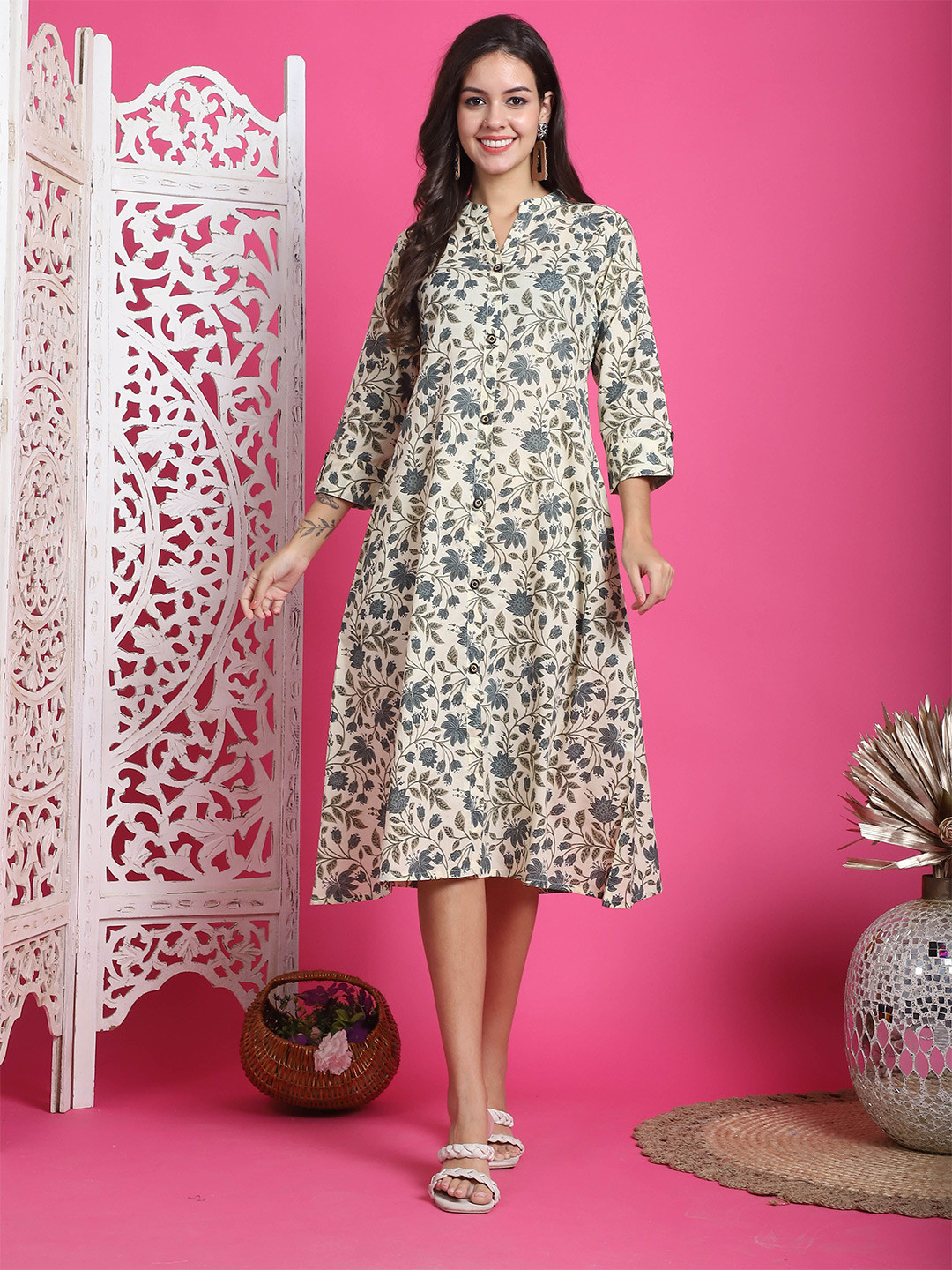 Buy Roly Poly Women Cotton Floral Printed A Line Midi Dress - Dresses ...